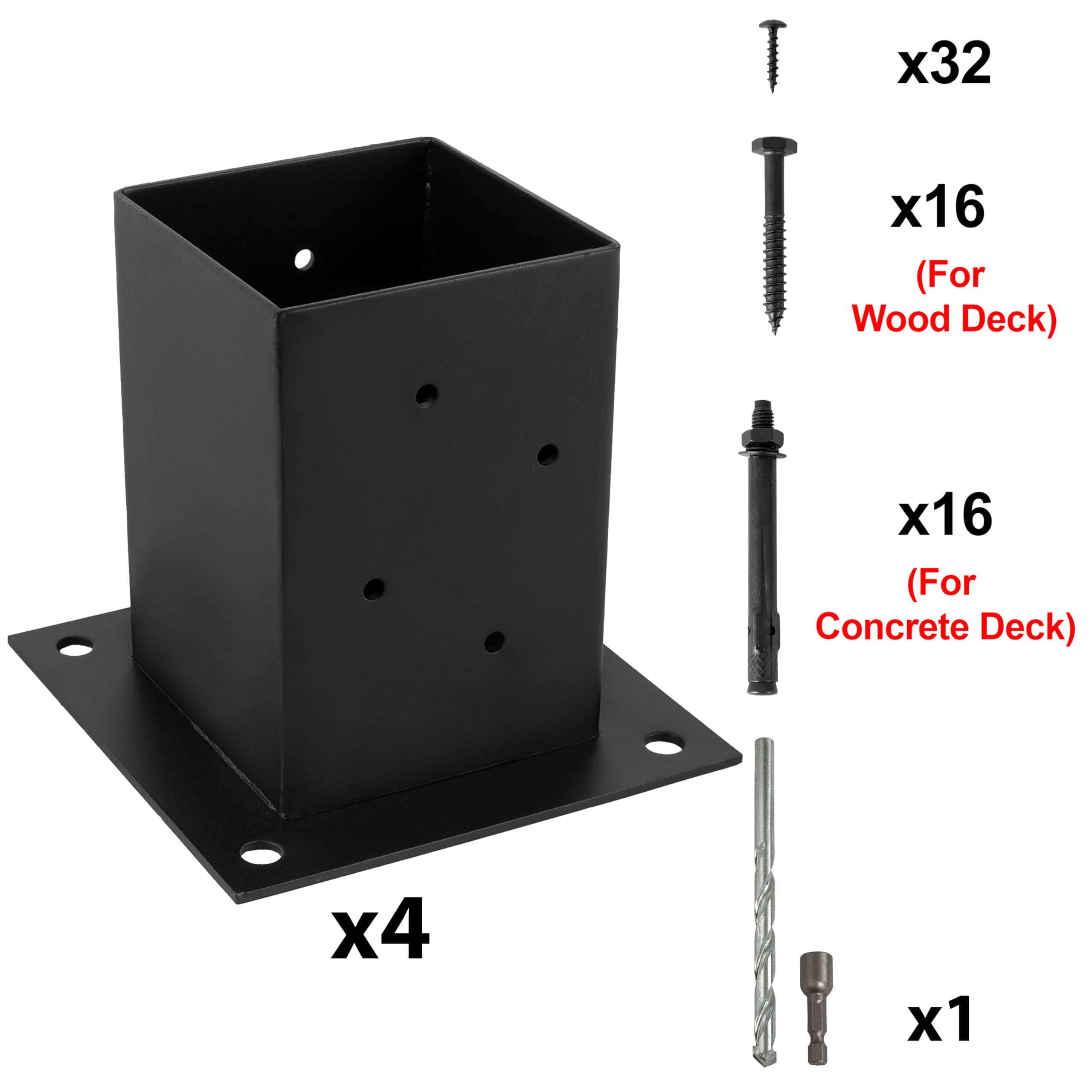 (4 PCS) LADECH 4x4 Wood Fence Post Anchor Base, 2mm Thick Steel and Black Powder Coated,Come with Wood Screws and Concrete Anchors (Black - 4 PCS)