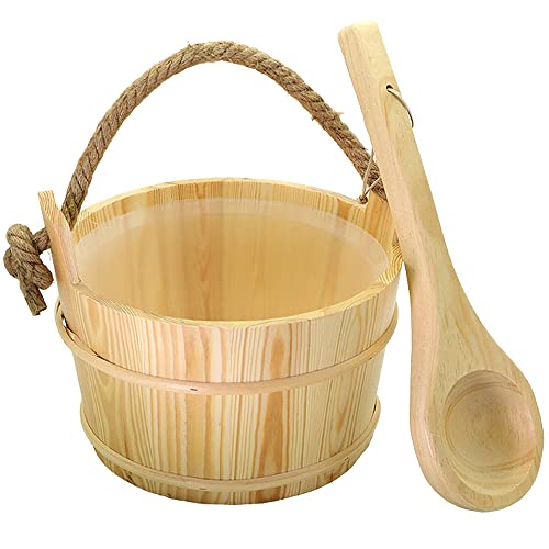 KELUNIS Sauna Wooden Bucket and Ladle Kit, 6L Mongolian Scotch Pine Sauna Bucket with Wood Spoon - Perfect for Steam Room, Sauna and Hot Tub