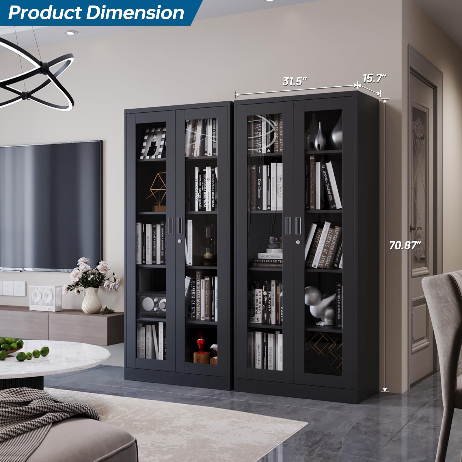 PEUKC Display Cabinet with Glass Doors, Curio Cabinets with 4 Adjustable Shelves, Locking Glass Cabinet Display Case for Home, Office, Clinic, Pantry, Assemble Required, Black