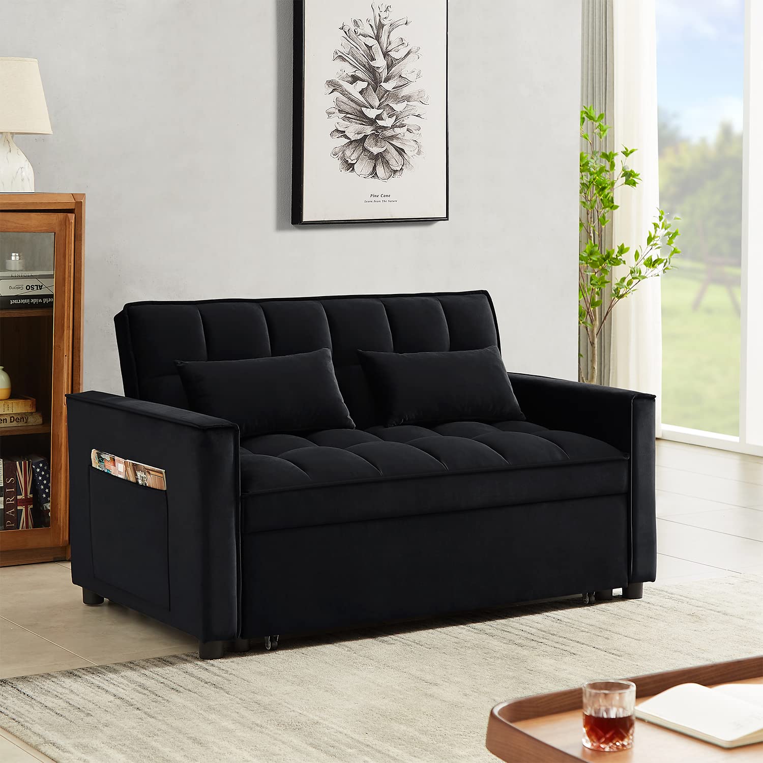 JEEOHEY Sleeper Sofa Couch w/Pull Out Bed, 55" Modern Velvet Convertible Sleeper Sofa Bed, Small Love seat Sofa Bed with 2 Pillows & Side Pockets for Small Space, Living Room, Apartment, Black