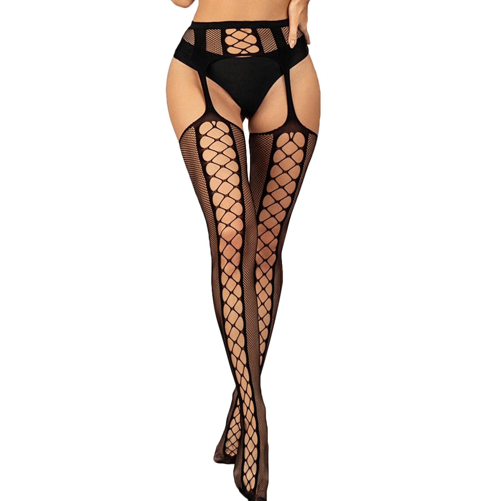 Mulbleaf Women Patterned Fishnet Stockings Attached Garter Belt Lace Tights Suspender Pantyhose Thigh High Stocking Plus Size Black 1602
