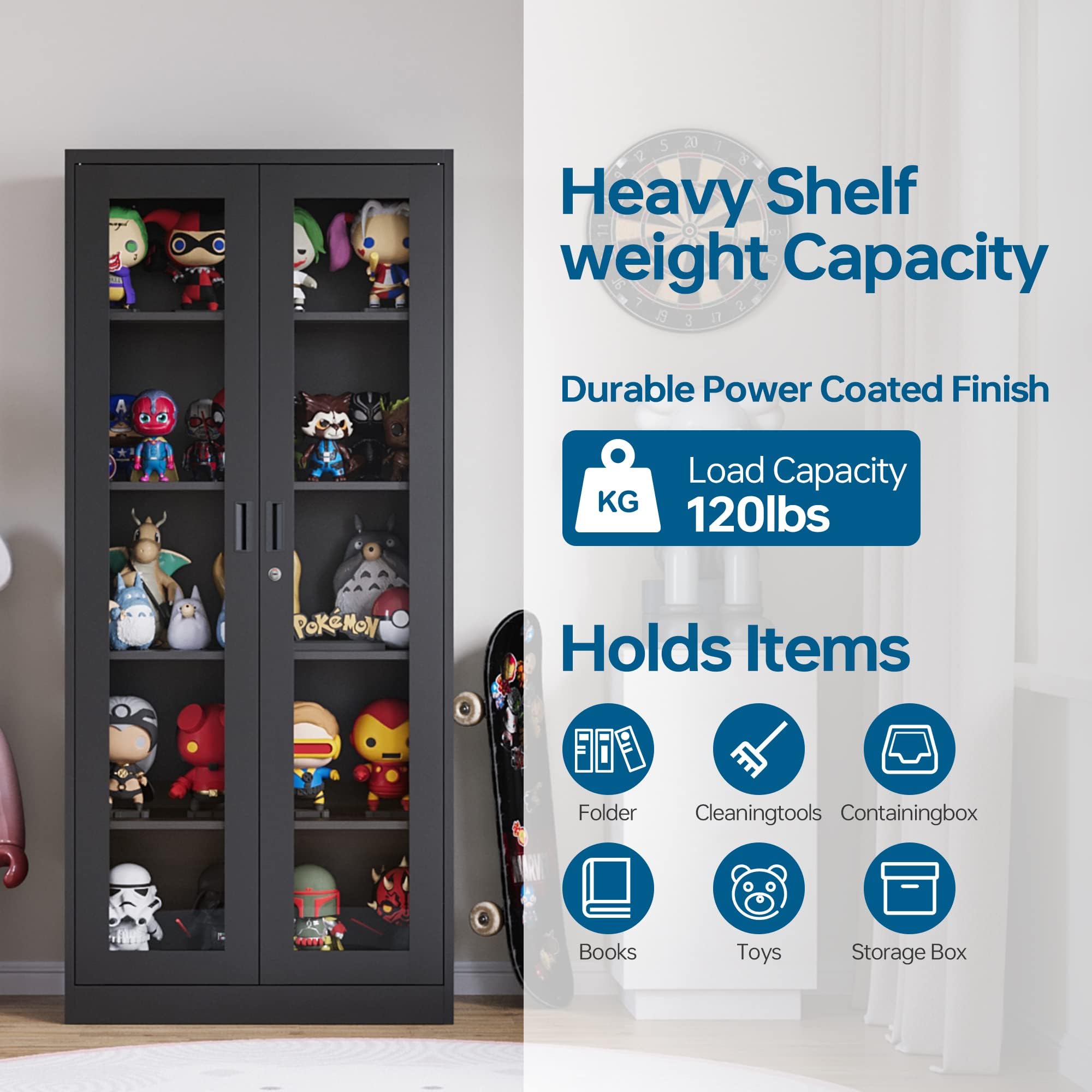 PEUKC Display Cabinet with Glass Doors, Curio Cabinets with 4 Adjustable Shelves, Locking Glass Cabinet Display Case for Home, Office, Clinic, Pantry, Assemble Required, Black