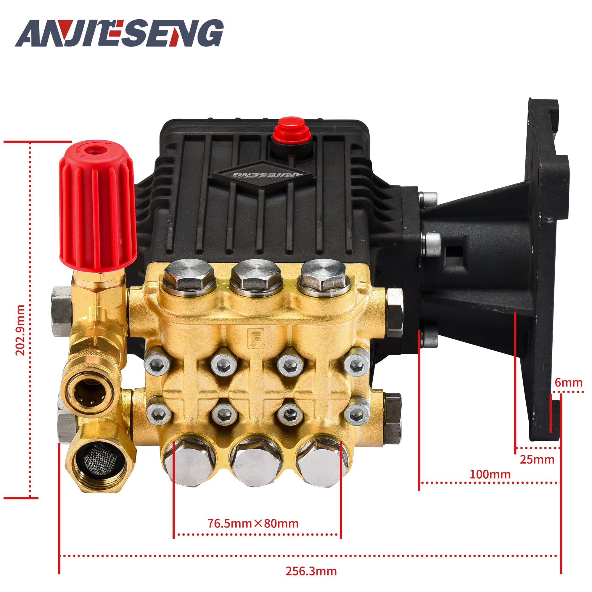 ANJIESENG 4000 PSI Pressure Washer Pump Horizontal Pressure Washer Triplex Plunger, 1'' Shaft 4.8 GPM Power Washer Pump Replacement for Most Gas Engine Power Washer with Easy Pressure Adjustment
