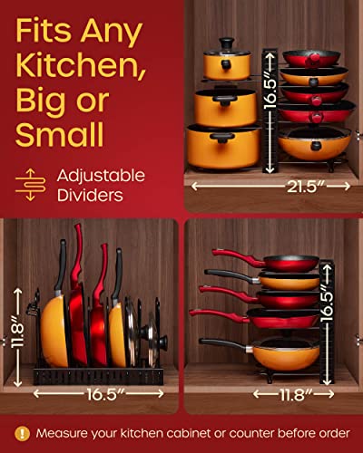 MUDEELA Pots and Pans Organizer for Cabinet Pan Organizer Rack for Cabinet with 3 DIY Methods, Adjustable Pot Organizer Rack with 8 Tiers, Pan Pot Rack for Kitchen Organization and Storage