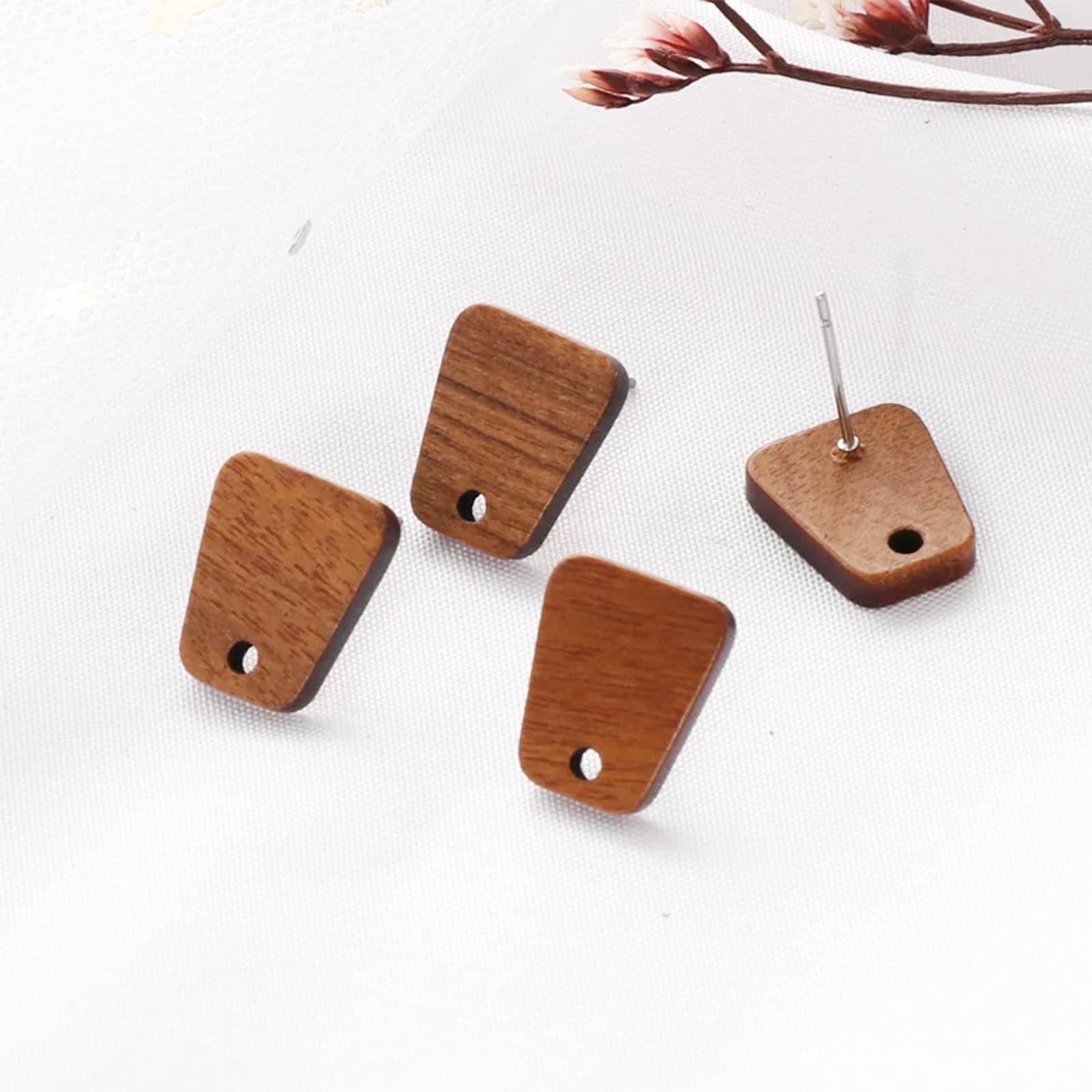 DoreenBeads 30Pcs Natural Wooden Stud Earrings Posts with Loop for Jewelry Making- Trapezoid Wood Earring Posts with Ear Backs for Women DIY Earring Making Personalized Jewelry Findings