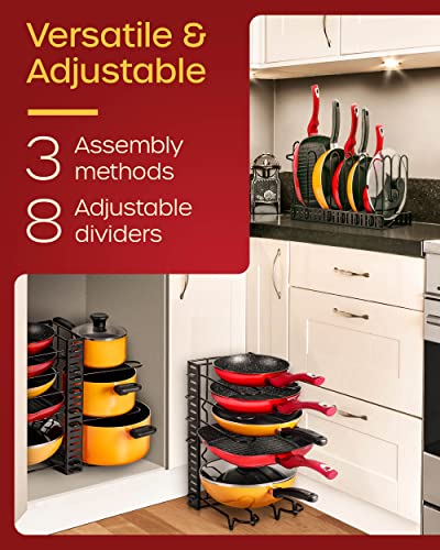 MUDEELA Pots and Pans Organizer for Cabinet Pan Organizer Rack for Cabinet with 3 DIY Methods, Adjustable Pot Organizer Rack with 8 Tiers, Pan Pot Rack for Kitchen Organization and Storage