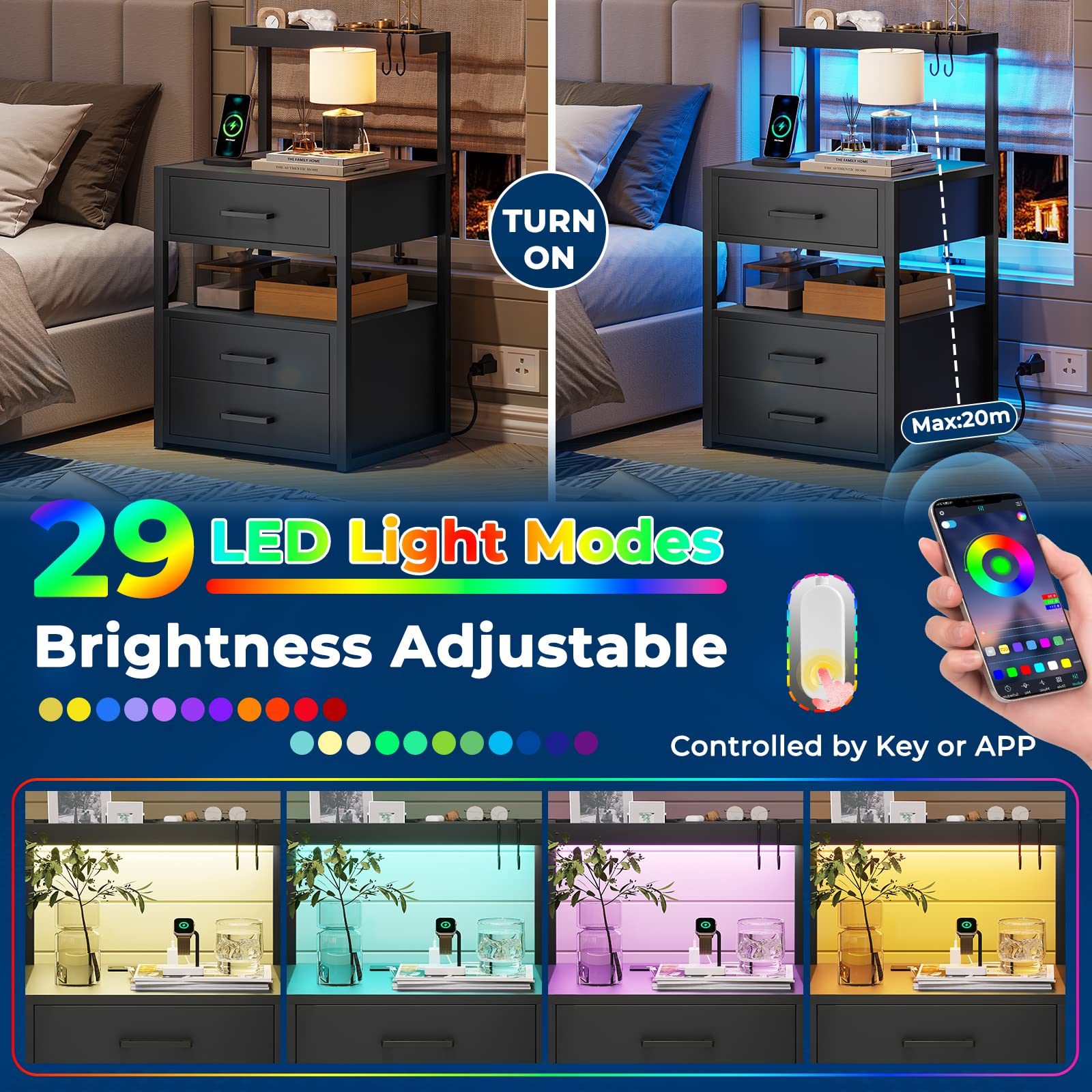 Nightstand with Charging Station and LED Lights, LED Night Stand with 2 USB Ports and 2 AC Outlets, Modern End Table with 3 Drawers, Bedside Table with Open Storage for Bedroom, Black