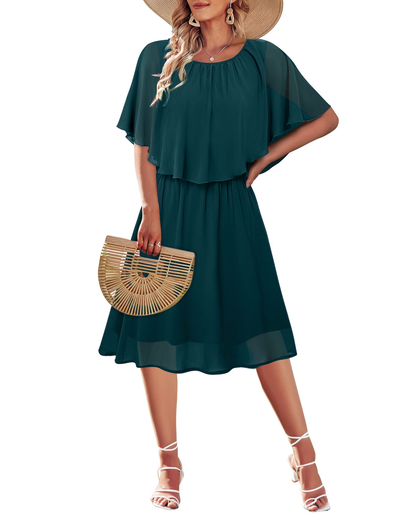 Bodhi talk Dresses for Women 2023 Wedding Guest Boat Neck Solid Color Casual Chiffon Dress Sleeveless Cape Dresses Peacock Green Large