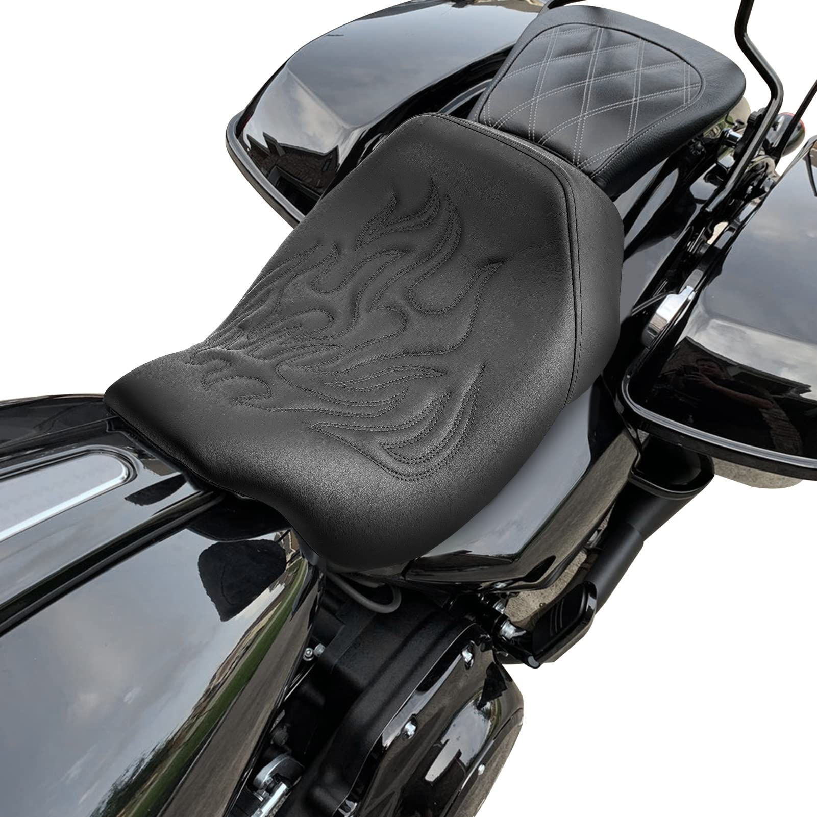 Mofun Solo Driver Seat Compatible with Harley Touring Street Road Electra Glide Road King Bagger Dresser, Black Flame 2008-2023, Double Row