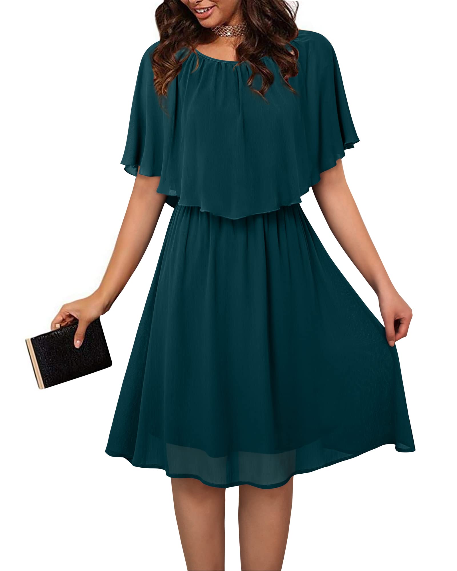 Bodhi talk Dresses for Women 2023 Wedding Guest Boat Neck Solid Color Casual Chiffon Dress Sleeveless Cape Dresses Peacock Green Large