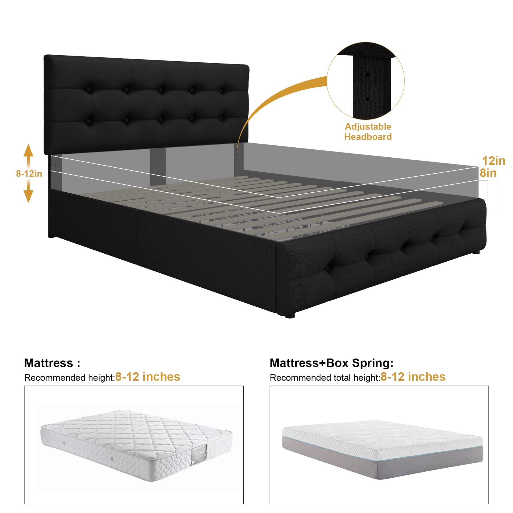 Full Size Bed Frame with 4 Storage Drawers and Adjustable Headboard, Upholstered Platform Bed with Button Tufted Design, Strong Wooden Slats Support, No Box Spring Needed, Black