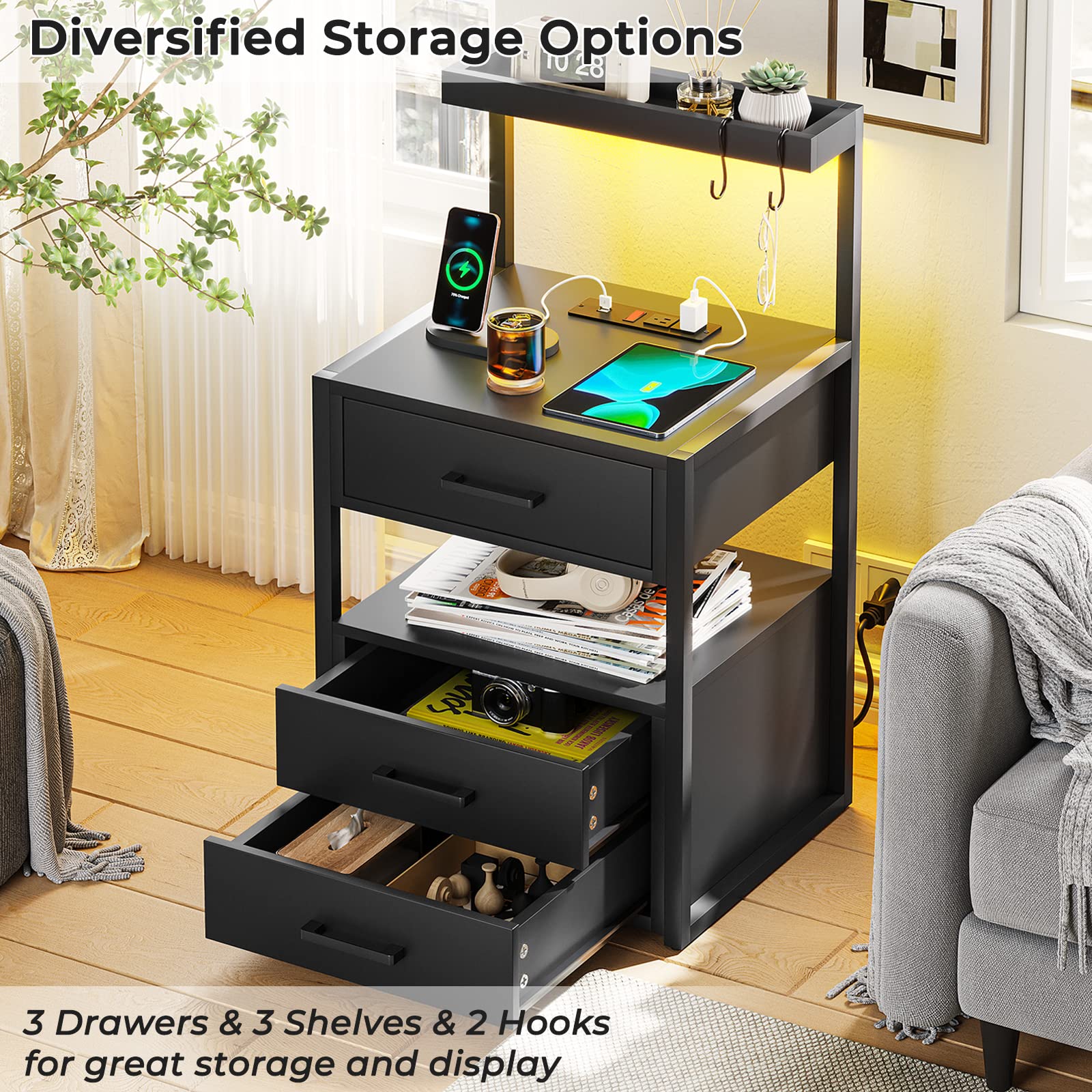 Nightstand with Charging Station and LED Lights, LED Night Stand with 2 USB Ports and 2 AC Outlets, Modern End Table with 3 Drawers, Bedside Table with Open Storage for Bedroom, Black