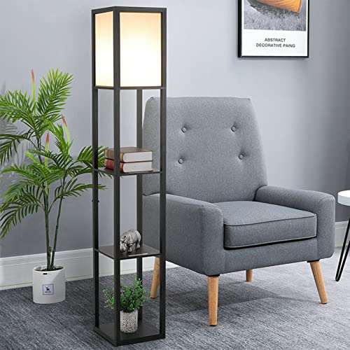 Battery Operated Floor Light with Remote Control,Wood Black Tall lamp with Shelves,Standing Light with Energy-Saving Light Bulb,Floor Light with Fabric lampshade,with Bulb+Remote+Charging Cable