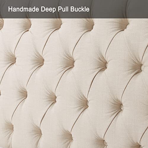 PaPaJet King Size Platform Bed Frame, Linen Curved Upholstered Bed with Shell Wingback Headboard/Deep Button Tufted/No Box Spring Needed/Beige