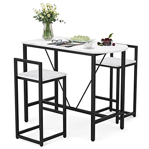 LITTLE TREE 3-Piece Bar Table and Chairs Set, Wood Metal Pub Bar Dining Table and 2 Bar Stools for Small Spaces, Kitchen, Apartment, Two Person Dining Room, White