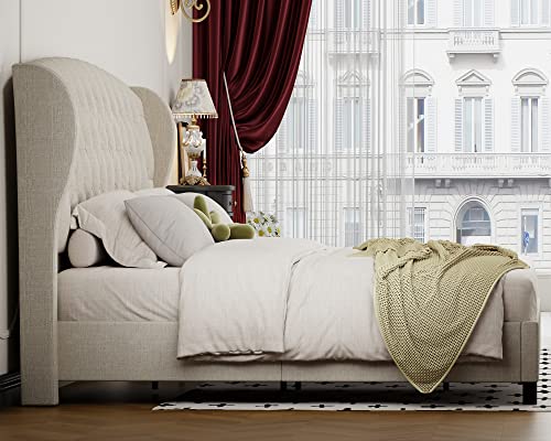 PaPaJet King Size Platform Bed Frame, Linen Curved Upholstered Bed with Shell Wingback Headboard/Deep Button Tufted/No Box Spring Needed/Beige