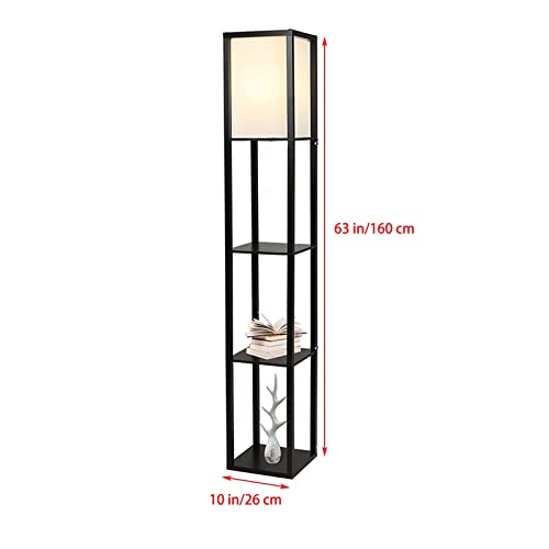 Battery Operated Floor Light with Remote Control,Wood Black Tall lamp with Shelves,Standing Light with Energy-Saving Light Bulb,Floor Light with Fabric lampshade,with Bulb+Remote+Charging Cable