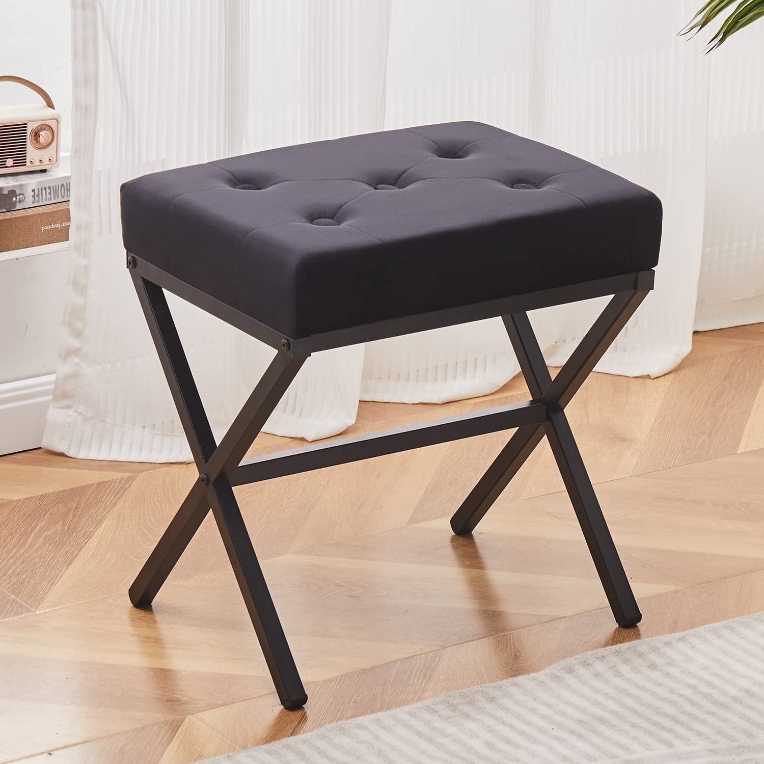Cpintltr Velvet Ottoman Footrest Stool Tufted Vanity Stool Ottomans Thickened Cushion Footstool Mulifunctional Shoe Changing Seat Step Stools with Metal X Leg for Living Room Bedroom Black