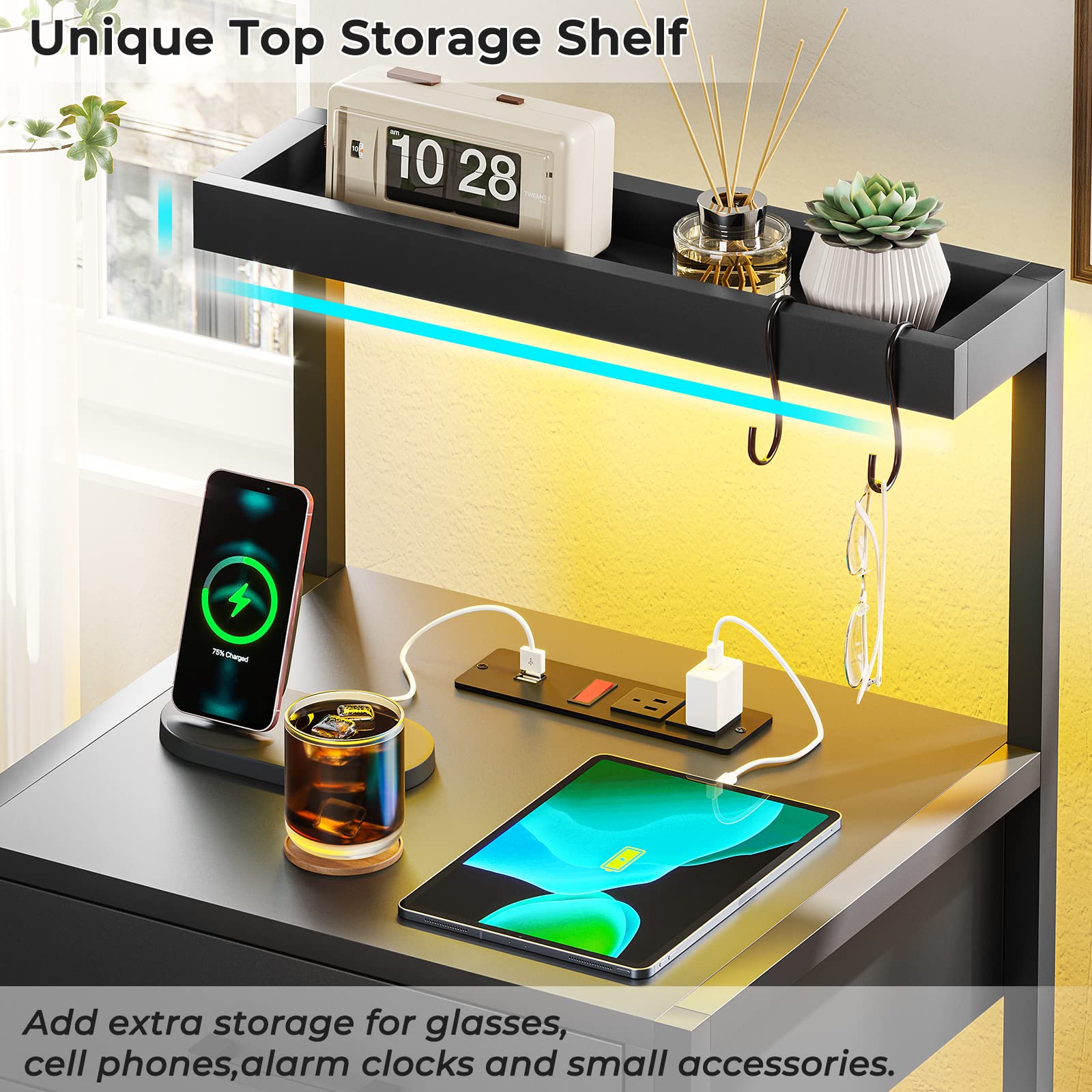 Nightstand with Charging Station and LED Lights, LED Night Stand with 2 USB Ports and 2 AC Outlets, Modern End Table with 3 Drawers, Bedside Table with Open Storage for Bedroom, Black