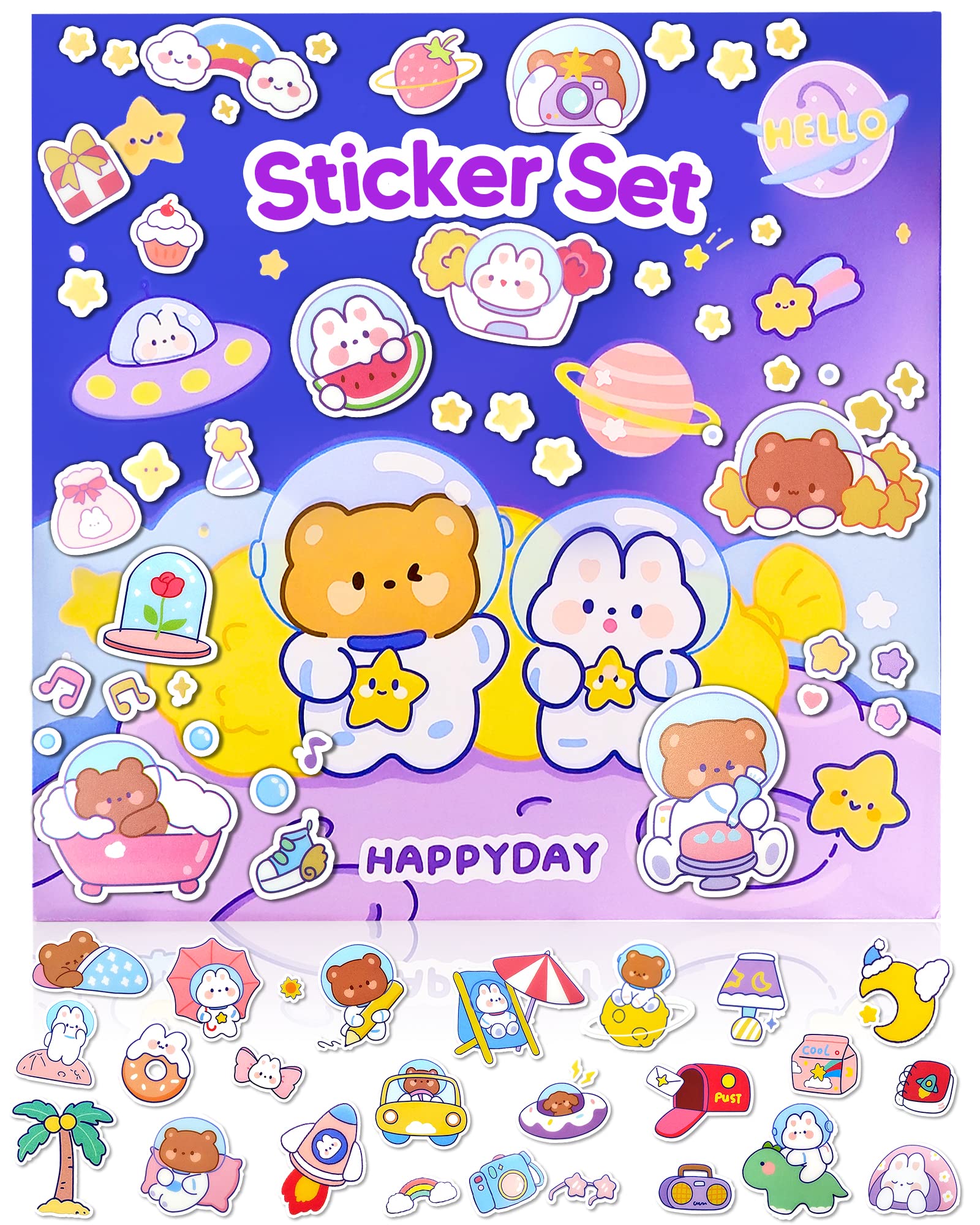 1000 Pcs Cute Stickers for Kids, Water Bottle Stickers Kawaii Waterproof Vinyl Scrapbook Phone Laptop Stickers, 100 Sheets Journaling Aesthetic Sticker Packs for Girls Teens(Purple)