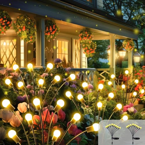 2024 Solar Garden Lights, 2 Pack Solar Firefly Lights, Solar Sway Lights Outdoor Waterproof, Solar Twinkle Swaying Fairy Light for Yard Patio Pathway Garden Decoration (Warm White)