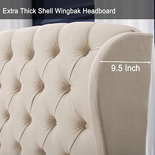 PaPaJet King Size Platform Bed Frame, Linen Curved Upholstered Bed with Shell Wingback Headboard/Deep Button Tufted/No Box Spring Needed/Beige