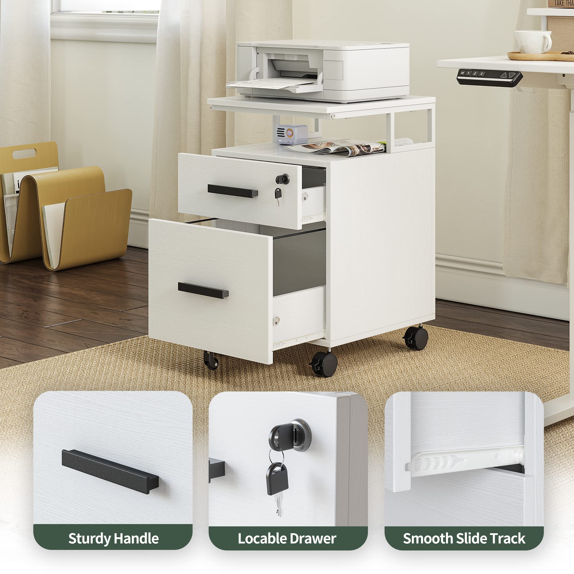 FEZIBO 2-Drawer File Cabinet with Lock for Home Office, Rolling Filing Cabinet, Under Desk Home Office File Cabinet for A4, Letter Size, Printer Stand, Wooden Storage Mobile File Cabinet, White