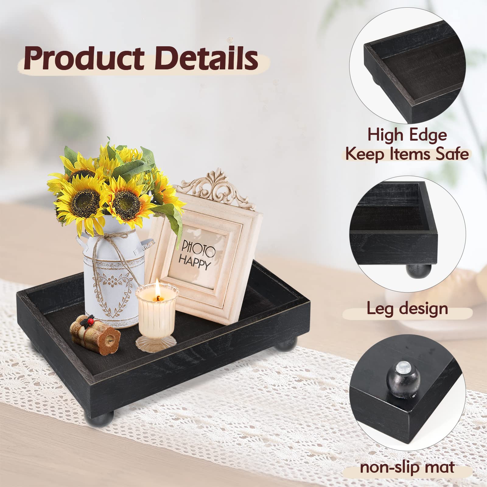 OLLVIA Farmhouse Wood Tray Risers, Distressed Black, Round, 24-Inch