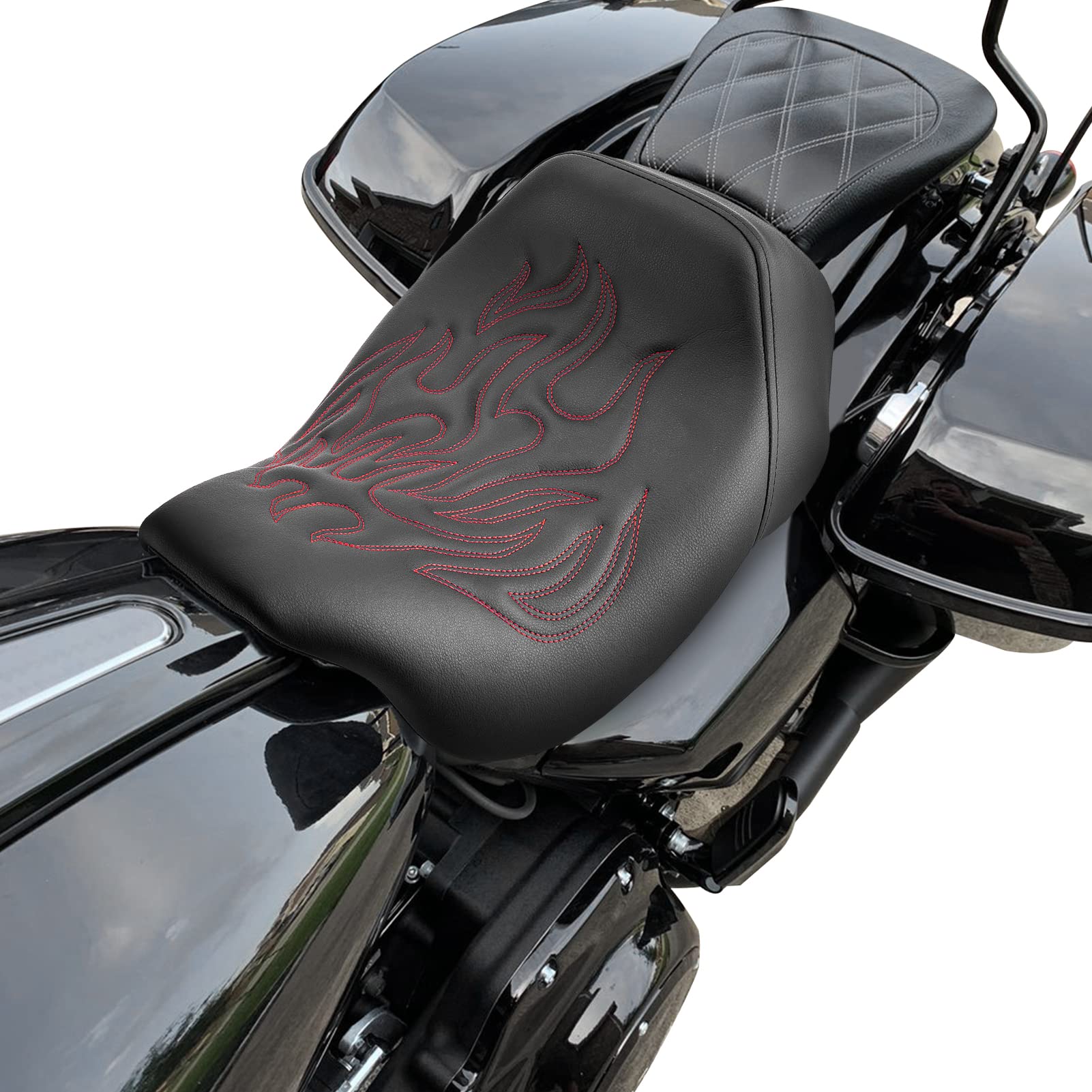 Mofun Solo Driver Seat Compatible with Harley Touring Street Road Electra Glide Road King Bagger Dresser 2008-2023, Red Flame