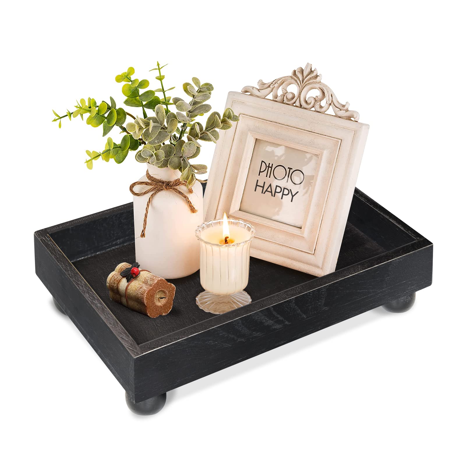 OLLVIA Farmhouse Wood Tray Risers, Distressed Black, Round, 24-Inch