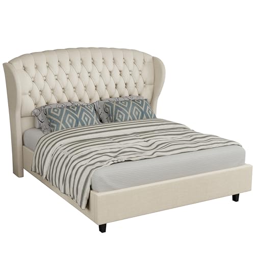 PaPaJet King Size Platform Bed Frame, Linen Curved Upholstered Bed with Shell Wingback Headboard/Deep Button Tufted/No Box Spring Needed/Beige