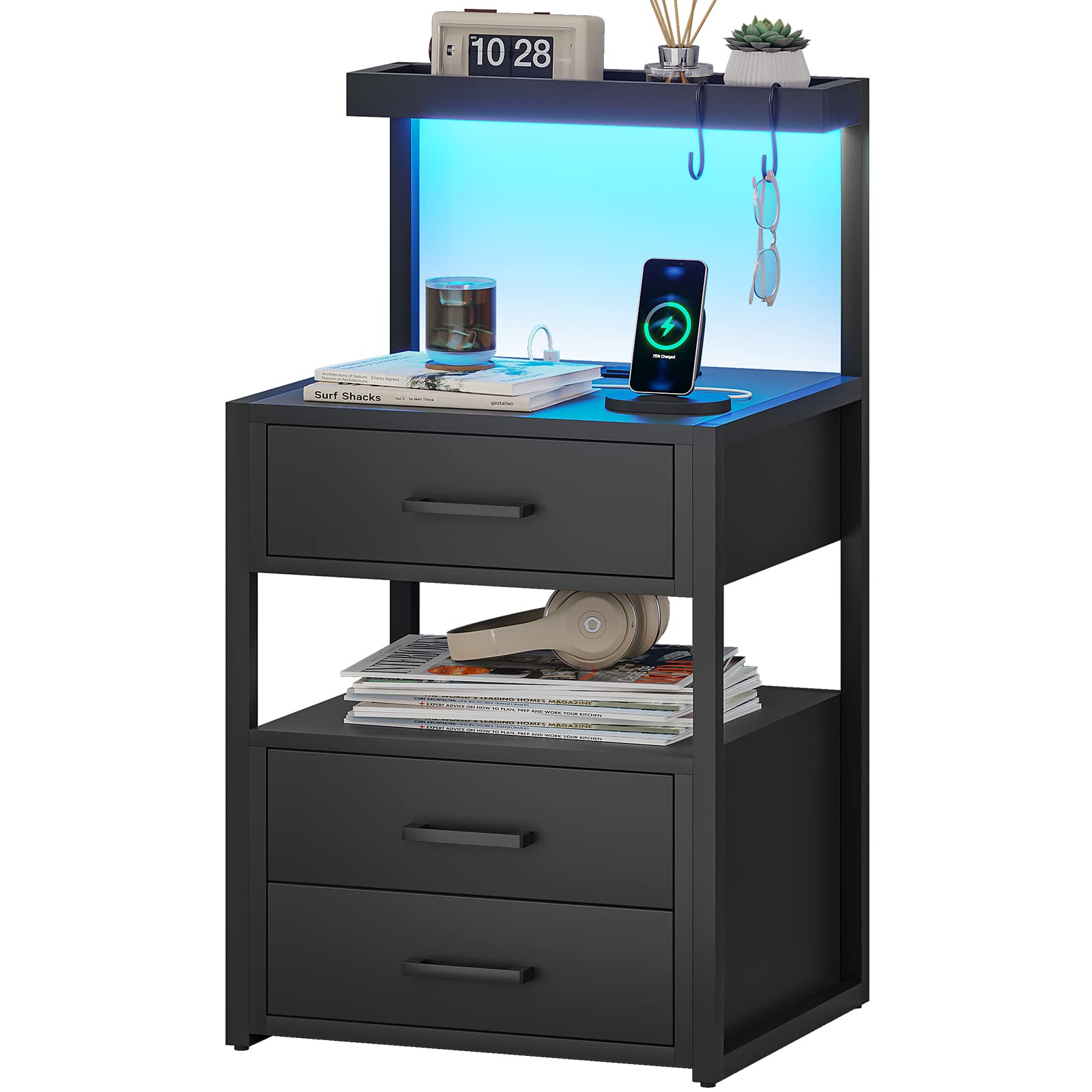 Nightstand with Charging Station and LED Lights, LED Night Stand with 2 USB Ports and 2 AC Outlets, Modern End Table with 3 Drawers, Bedside Table with Open Storage for Bedroom, Black