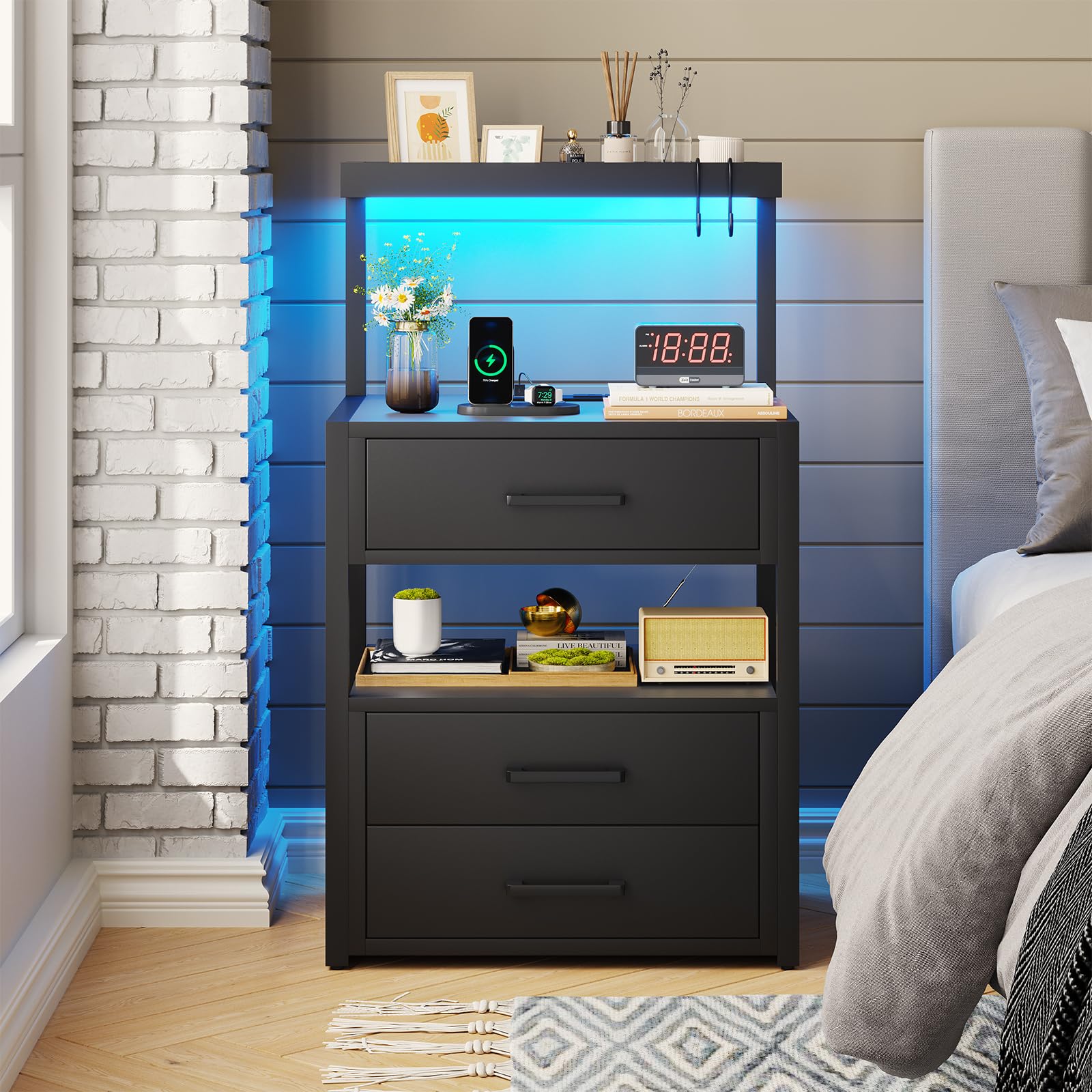 Nightstand with Charging Station and LED Lights, LED Night Stand with 2 USB Ports and 2 AC Outlets, Modern End Table with 3 Drawers, Bedside Table with Open Storage for Bedroom, Black