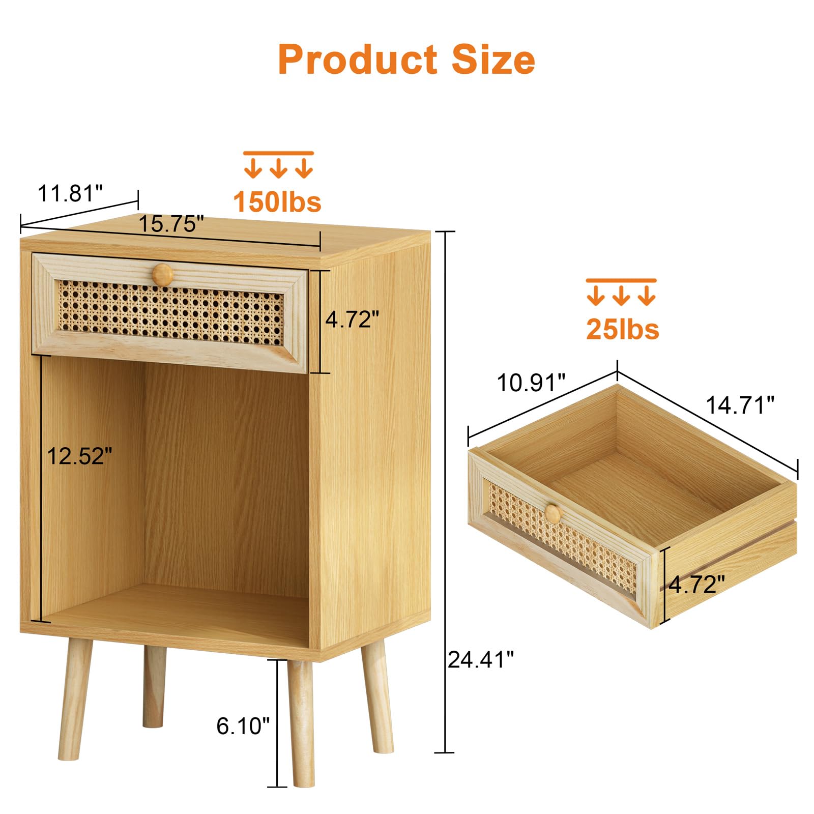 Koifuxii Natural Rattan Boho Nightstand - 24" High, 16.82" x 4.89" x 20.02" Light Wood Bedside Table - Bedroom, Living Room