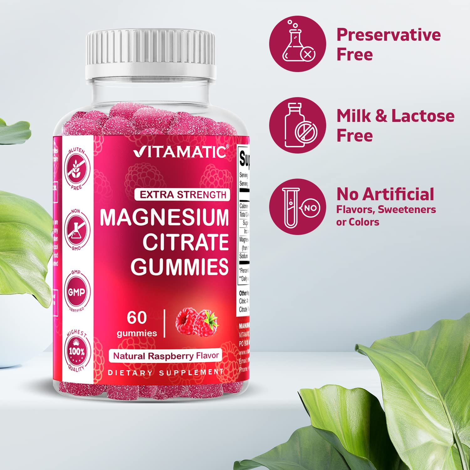 Vitamatic Extra Strength Magnesium Gummies 255 mg (Elemental Mg) per Serving - 60 Count - Promotes Healthy Relaxation, Muscle, Bone, & Energy Support (2 Pack)