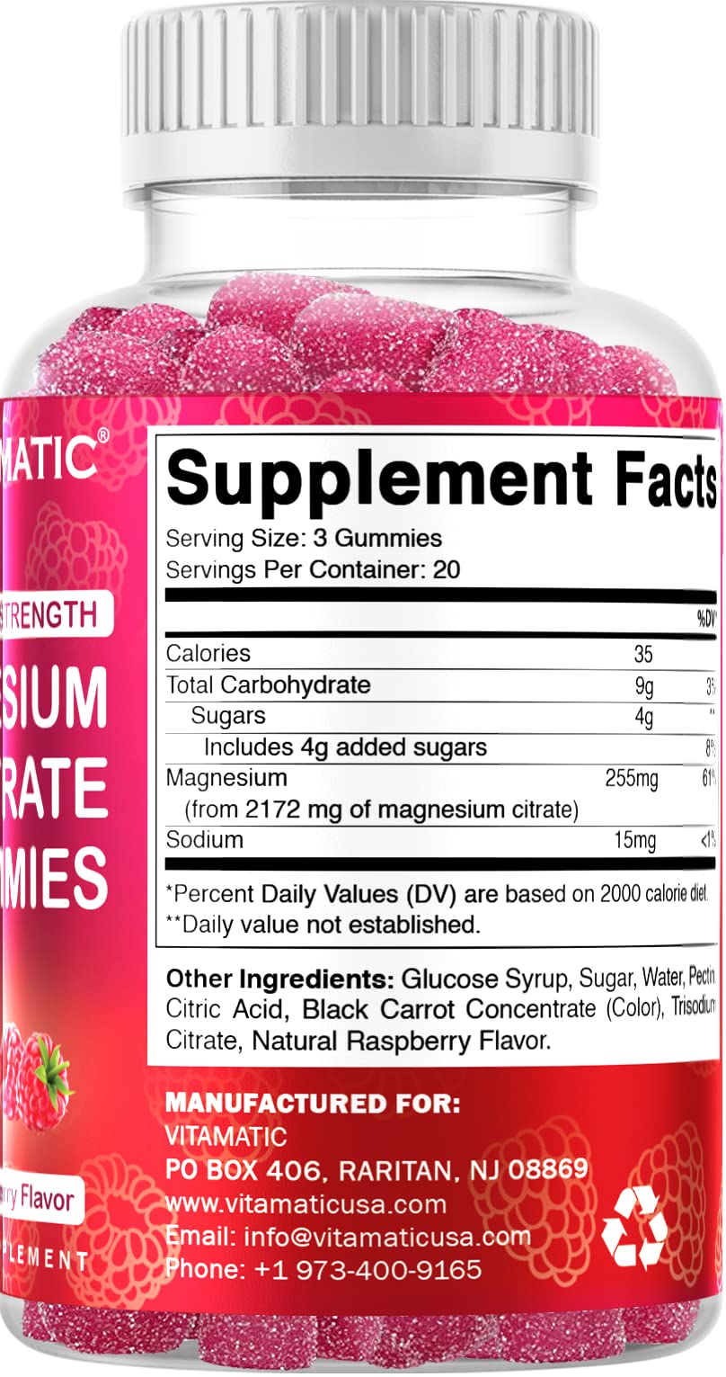 Vitamatic Extra Strength Magnesium Gummies 255 mg (Elemental Mg) per Serving - 60 Count - Promotes Healthy Relaxation, Muscle, Bone, & Energy Support (2 Pack)