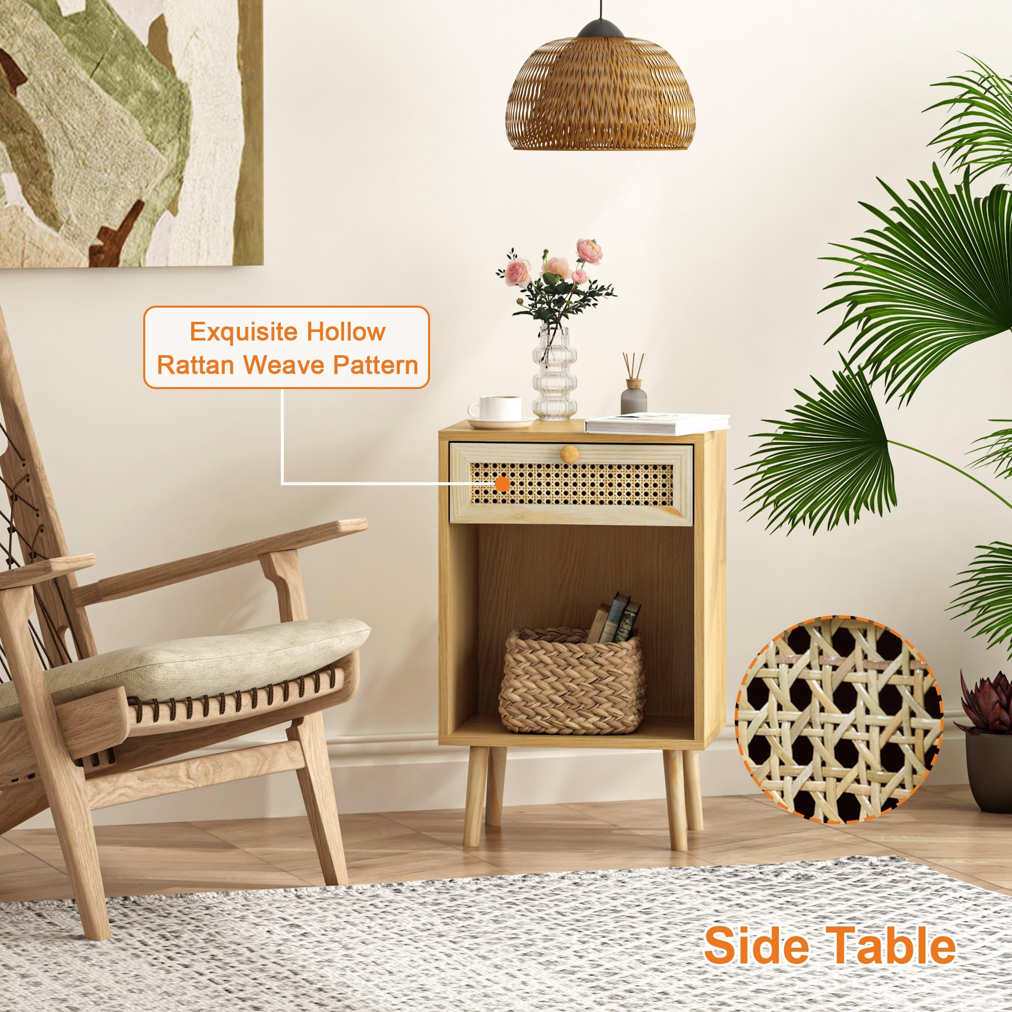 Koifuxii Natural Rattan Boho Nightstand - 24" High, 16.82" x 4.89" x 20.02" Light Wood Bedside Table - Bedroom, Living Room