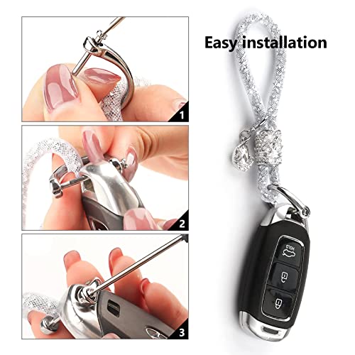 cueclue 1 PC Car Bling Rhinestone Key Chain, Crystal Car Key Chain for Women, Fashionable Keychain Ring Accessories (Silver)