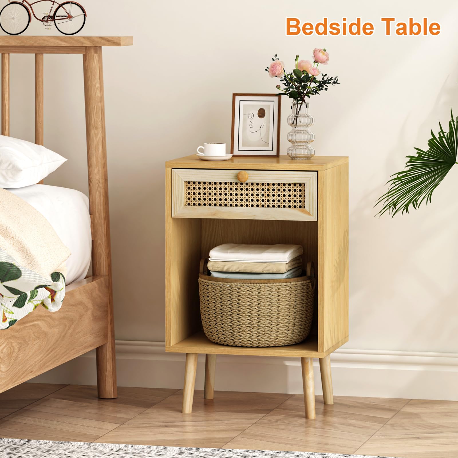 Koifuxii Natural Rattan Boho Nightstand - 24" High, 16.82" x 4.89" x 20.02" Light Wood Bedside Table - Bedroom, Living Room