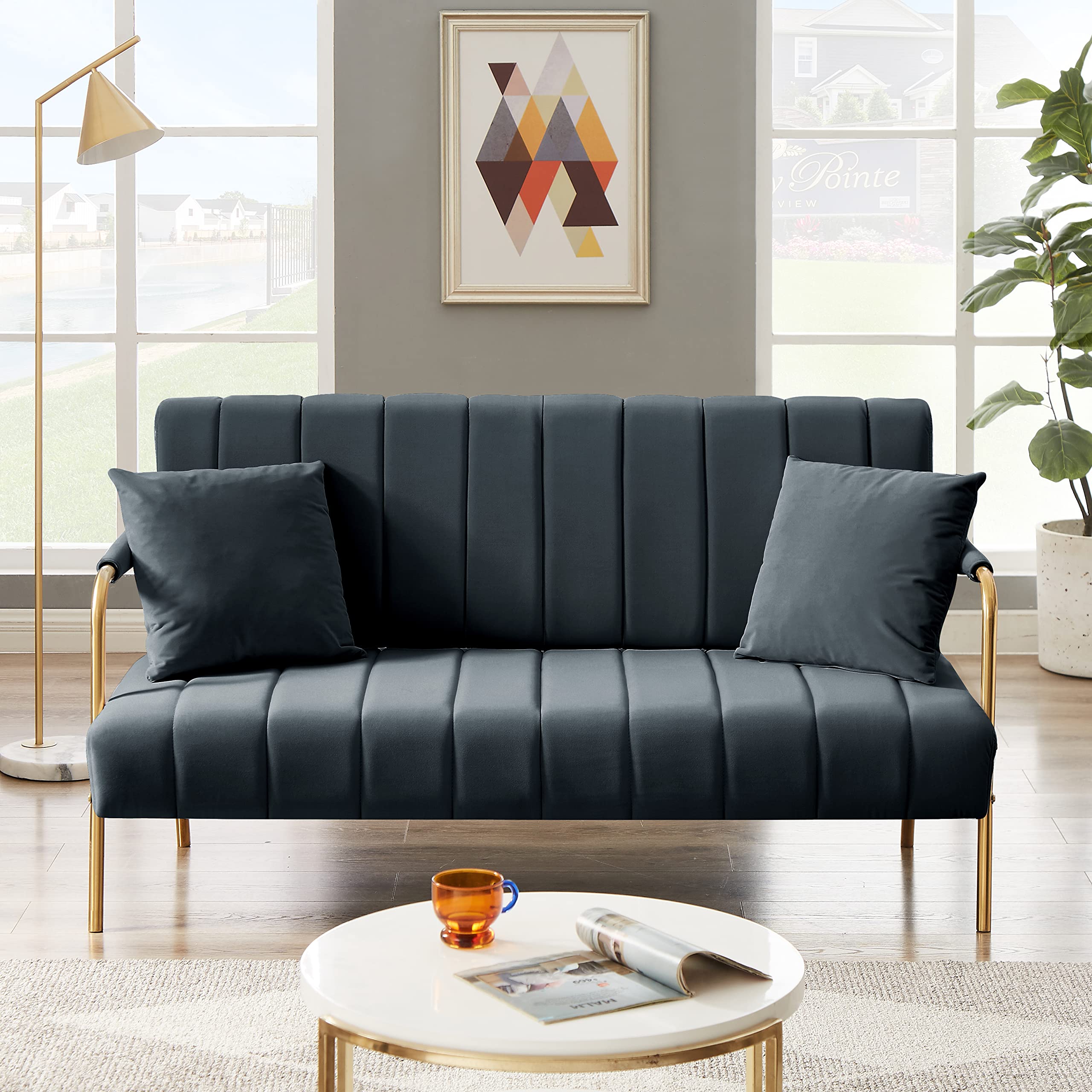 Majnesvon 61" Modern Velvet Loveseat Sofa,Upholstery Love Seat Couches with Tufted Backrest,Golden Metal Legs,Accent Sofa for Living Room Bedroom Apartment Office (Drak Grey)