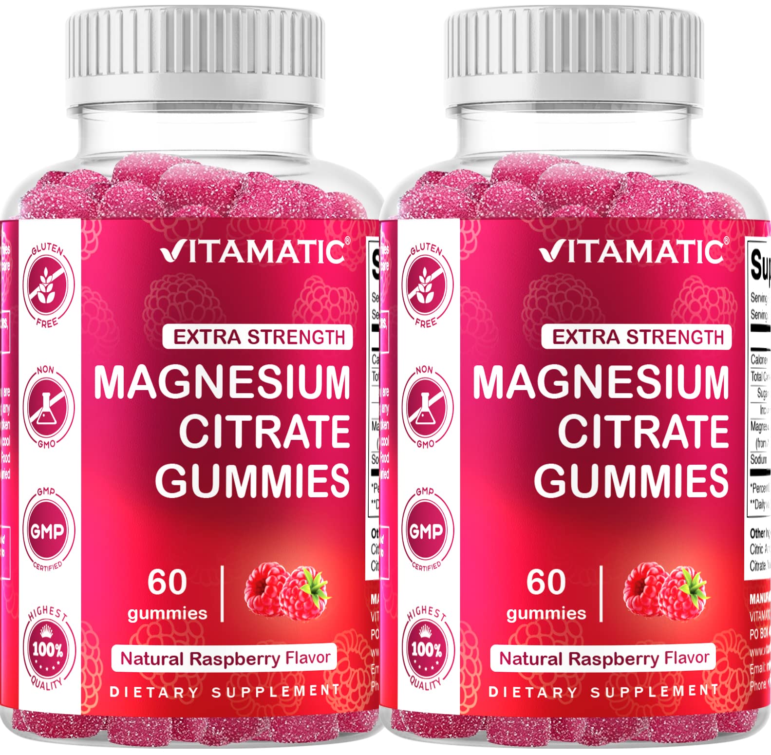 Vitamatic Extra Strength Magnesium Gummies 255 mg (Elemental Mg) per Serving - 60 Count - Promotes Healthy Relaxation, Muscle, Bone, & Energy Support (2 Pack)