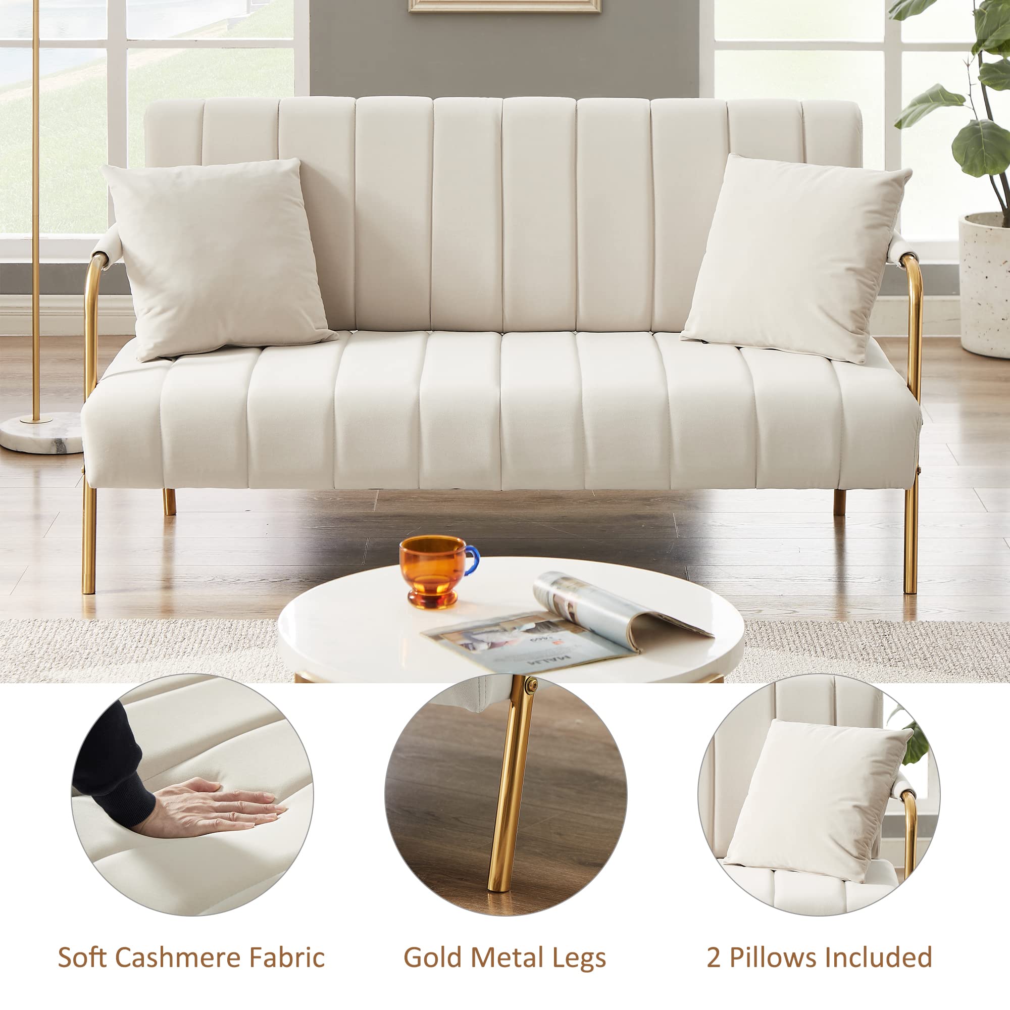 Modern Upholstered Velvet Loveseat Sofa: 60" Mid Century 2 Seater Sofa - Cashmere Sofa Couch with 2 Pillows - Gold Metal Legs - Small Spaces Bedroom Apartment Office Living Room (Beige)