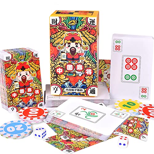 Sishynio Mahjong Cards Set, Mah-Jongg Playing Cards with 2 Dices & Chips, 2023 Handheld Mahjongg Game, Classical Chinese Table Game, Portable Poker Cards Set for Leisure Time Party Traveling Gifts