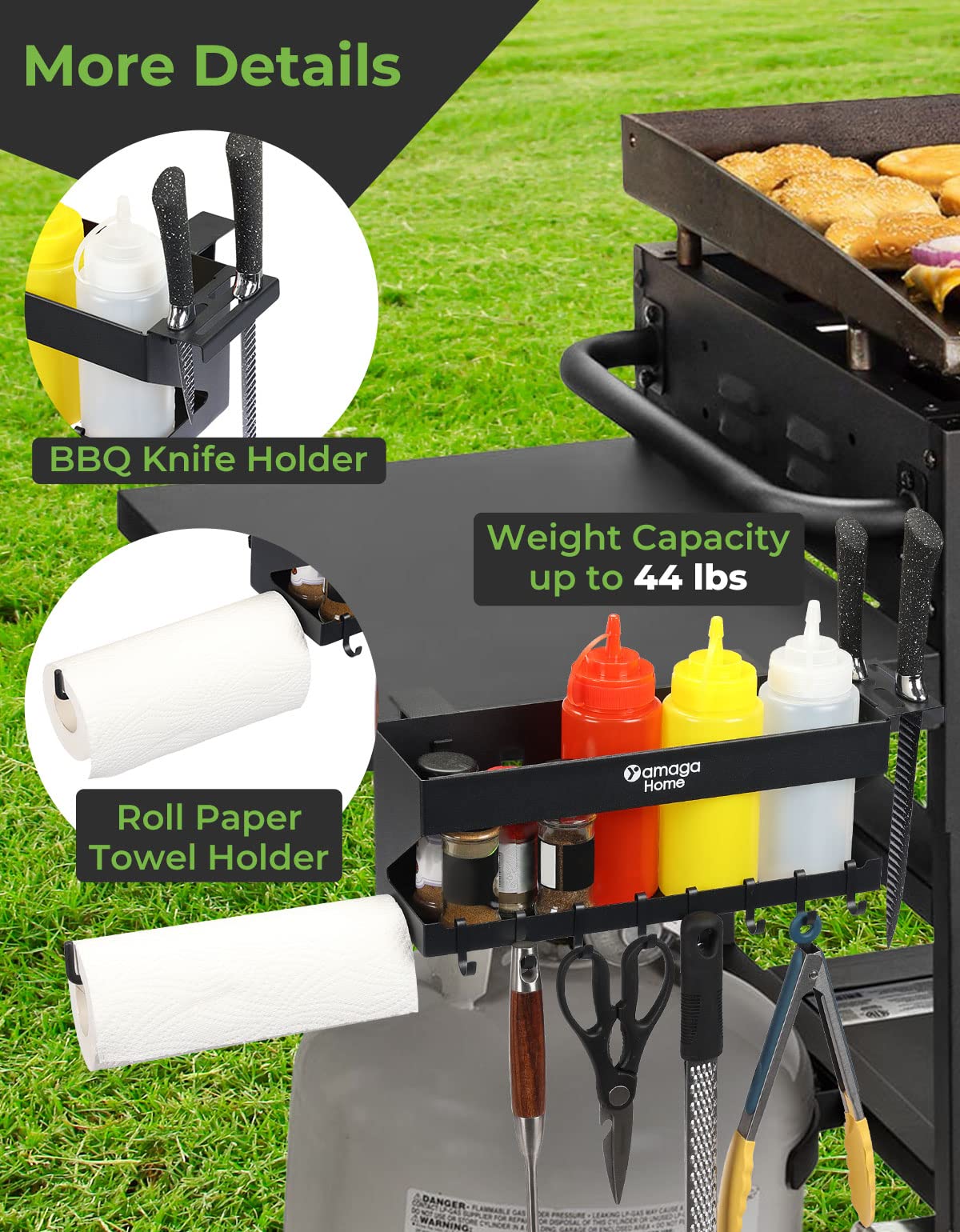 yamagahome Griddle Caddy, Grill Caddy for 28"/36" Blackstone Griddles, BBQ Caddy for Outdoor Grill Storage Organizer with Paper Towel Holder, Tool Holder & 8 J-Hooks, No Drilling, Space Saving
