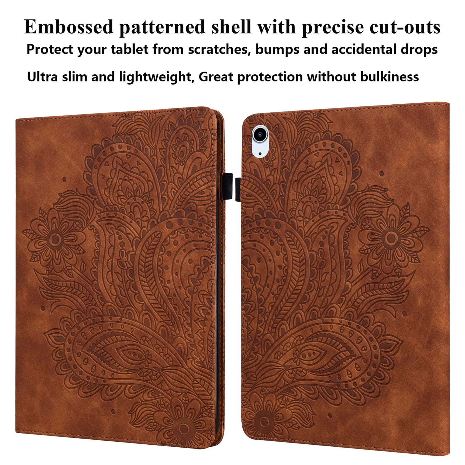 UUcovers for iPad 10th Generation Case 10.9 Inch 2022 with Pencil Holder/Pocket/Band/Embossed Floral Pattern/PU Leather/Soft TPU Wallet Folio Stand Magnetic Shockproof Cover, Brown Peacock Flower