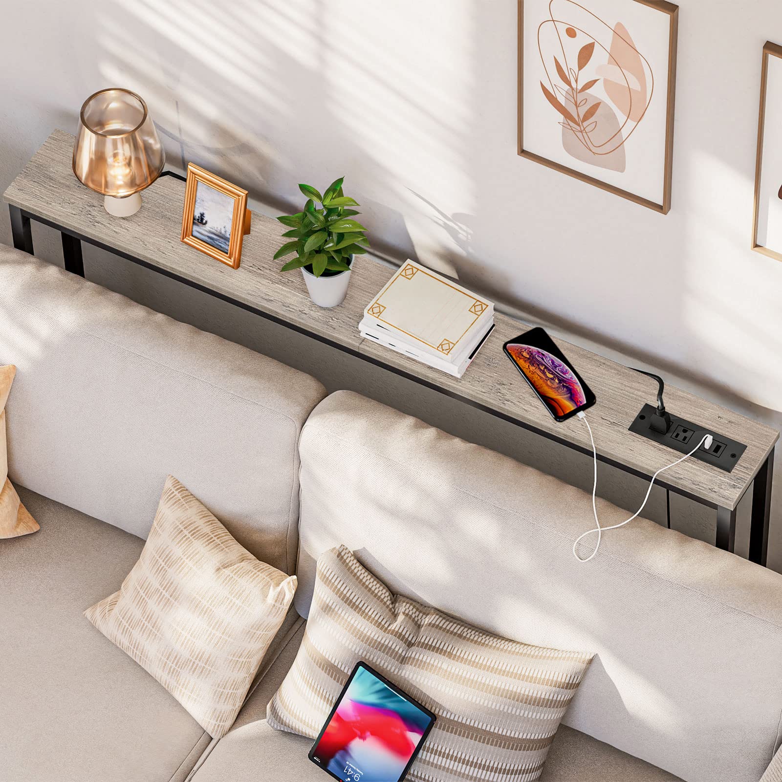 HOOBRO 47.2" Skinny Console Table with Power Outlets, 5.9" Behind Couch Table with Charging Station, Narrow Sofa Table, Long and Thin Table for Entryway, Living Room, Greige BG15XG01G1