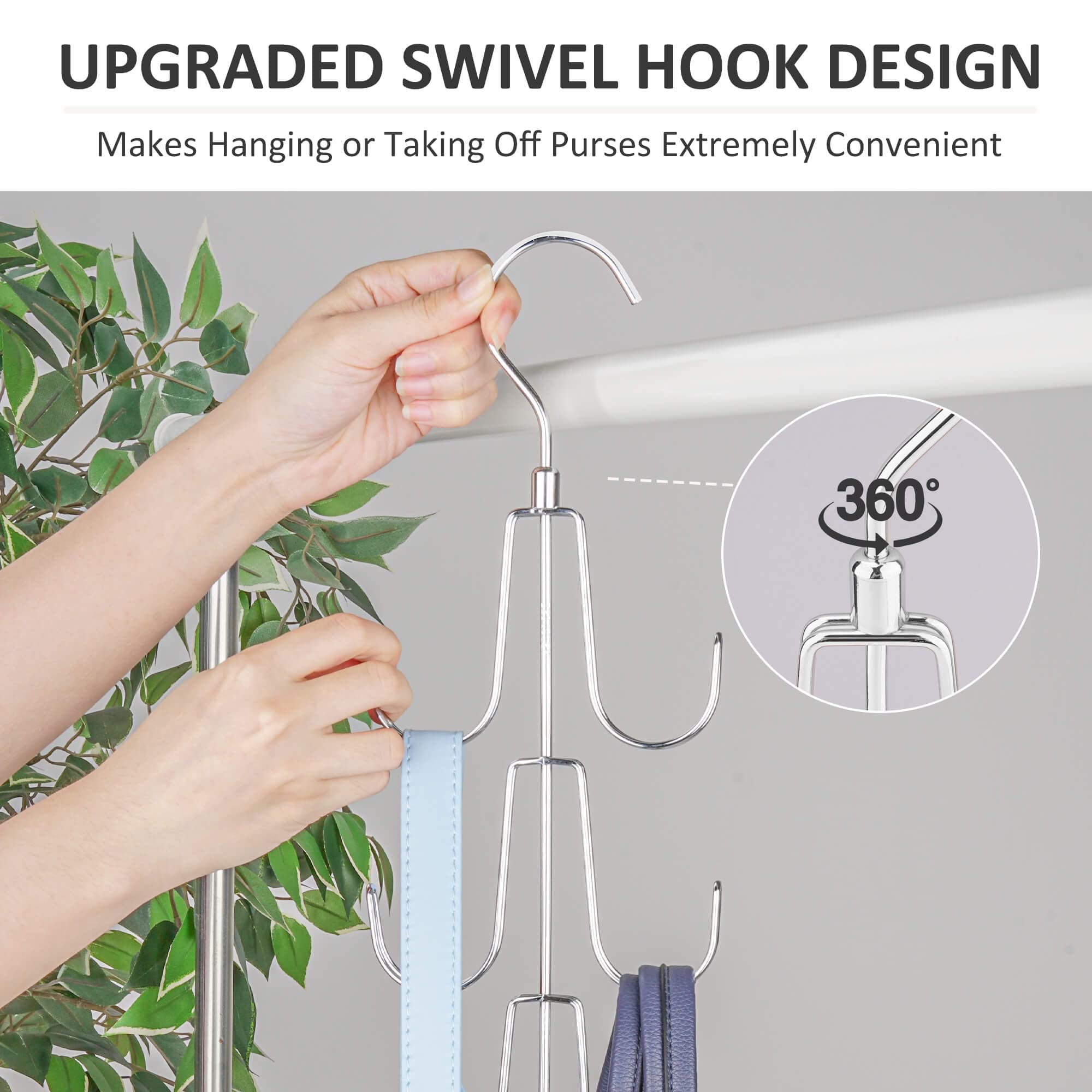 ZEDODIER Purse Hanger Organizer for Closet, 2 Pack Rotatable Hanging Bag Holder, 8 Storage Capacity, Keeping Purses Visible and in Good Condition, Metal Handbag Storage Hook Rack Space Saver, Silver