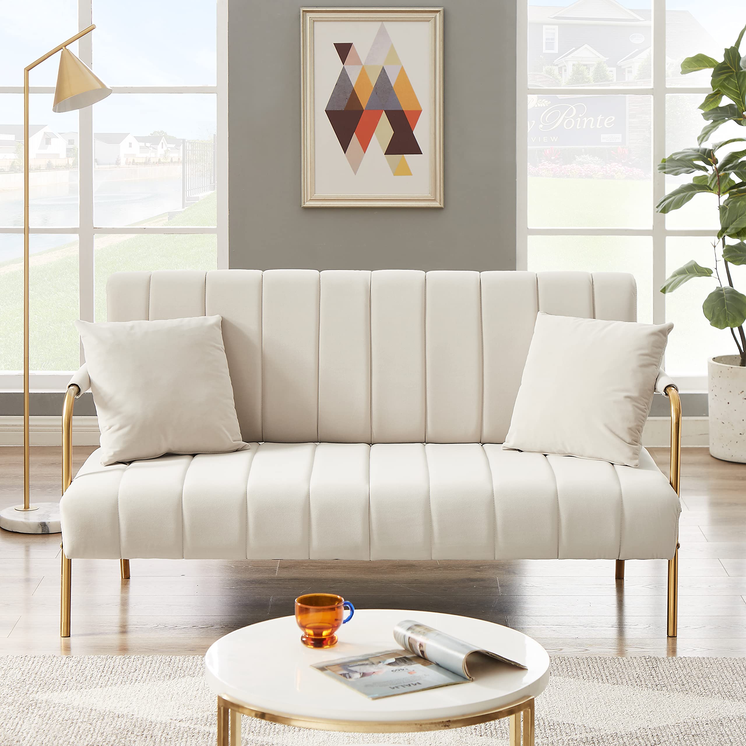 Modern Upholstered Velvet Loveseat Sofa: 60" Mid Century 2 Seater Sofa - Cashmere Sofa Couch with 2 Pillows - Gold Metal Legs - Small Spaces Bedroom Apartment Office Living Room (Beige)