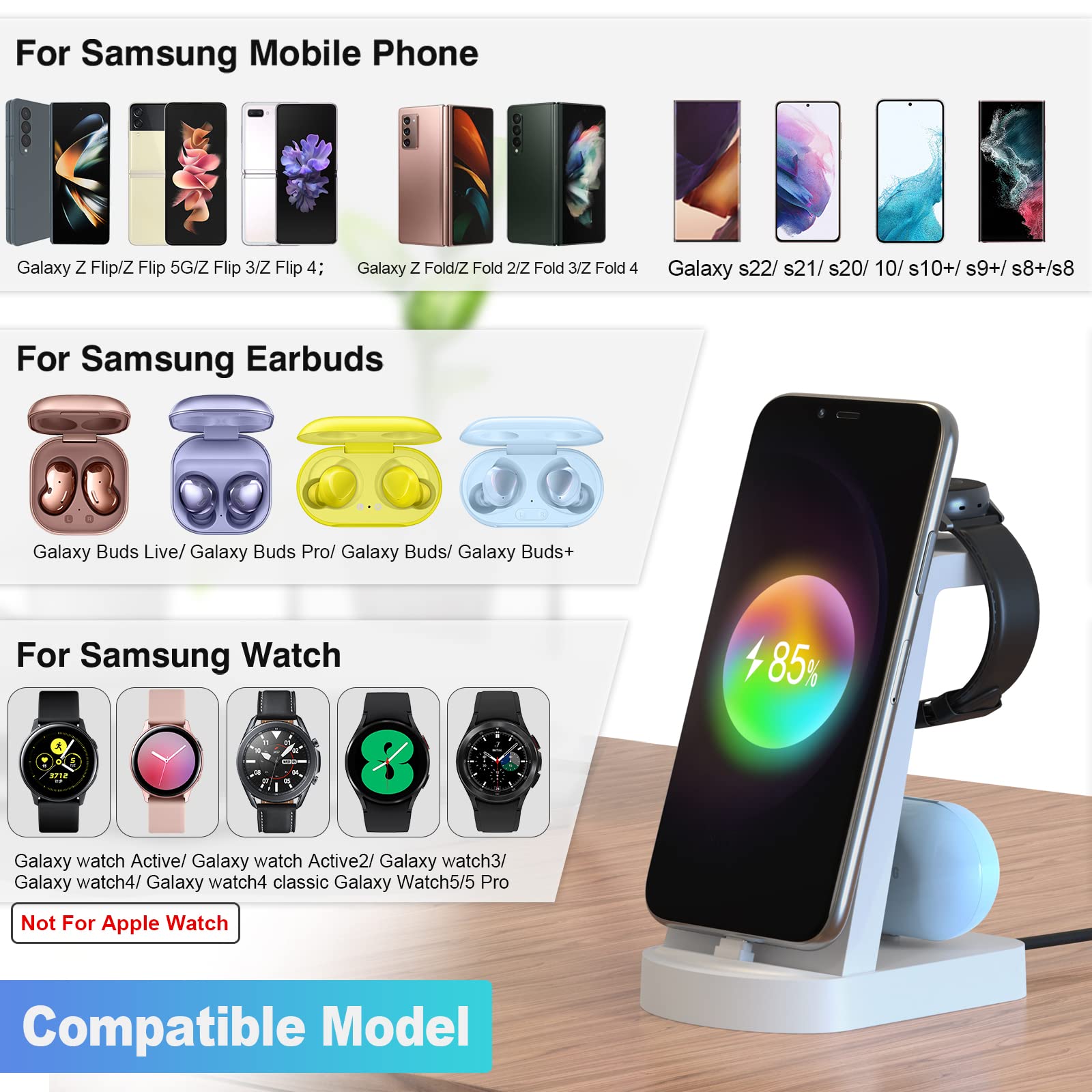 Charging Station for Samsung Multiple Devices,3 in 1 Fast Charging Stand USB-C Charger for Galaxy Watch 5/5 Pro/4/3/Active,Galaxy S23/S22/S21/S20/S10/Note20/Note10/Z Flip 4/Z Fold 4/Galaxy Buds
