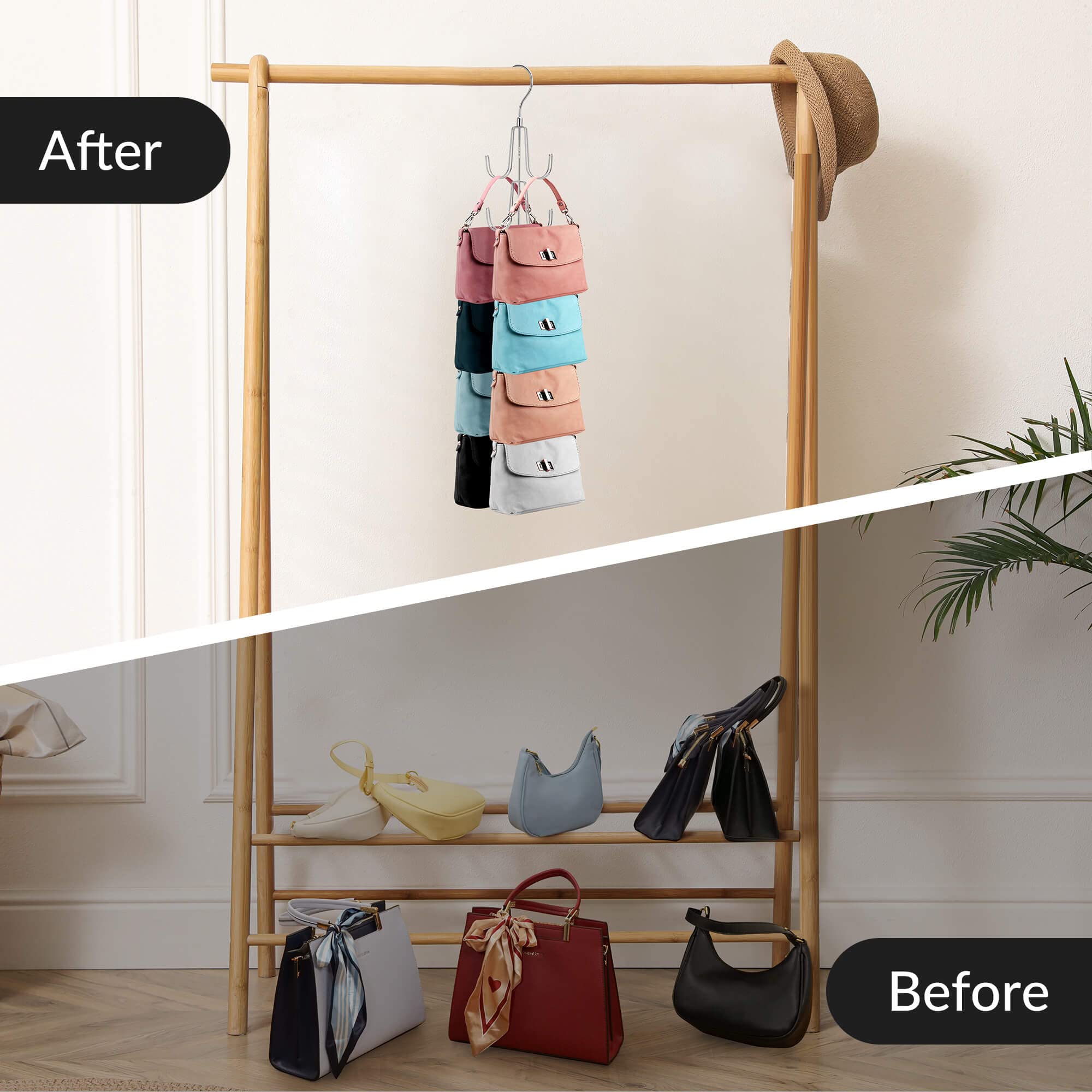 ZEDODIER Purse Hanger Organizer for Closet, 2 Pack Rotatable Hanging Bag Holder, 8 Storage Capacity, Keeping Purses Visible and in Good Condition, Metal Handbag Storage Hook Rack Space Saver, Silver